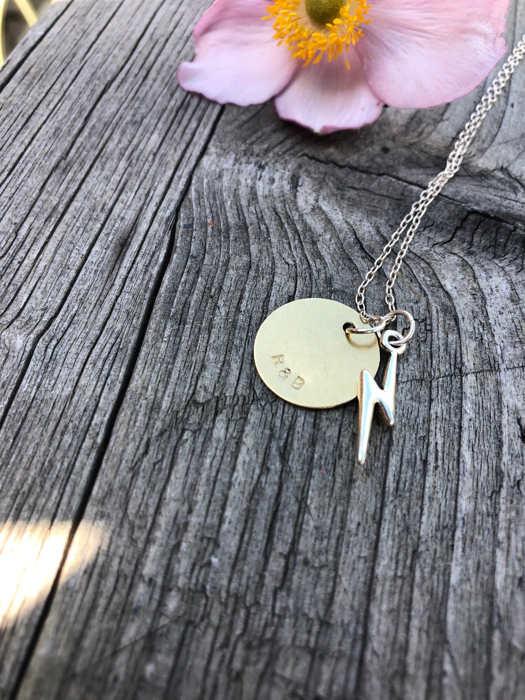 Hand Stamped Custom Brass Gold Pendant Bolt Charm Silver Chain Couple ...