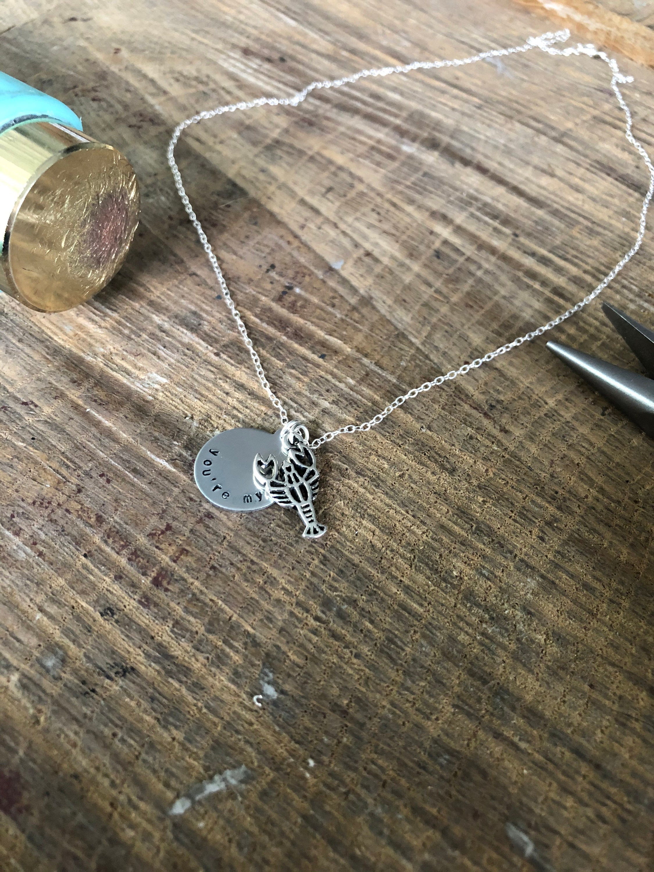 Hand Stamped Silver Chain Necklace Personalised Pendant Lobster Charm Friends Ross Rachel Fun Valentines Birthday Gift You re My lobster