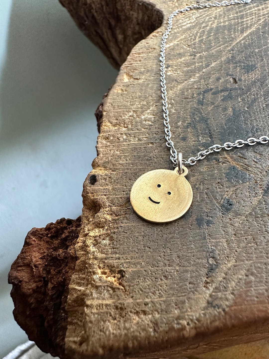 Hand Stamped Smiley Face Necklace Jewellery Happy 90s Fun Gold (brass ...