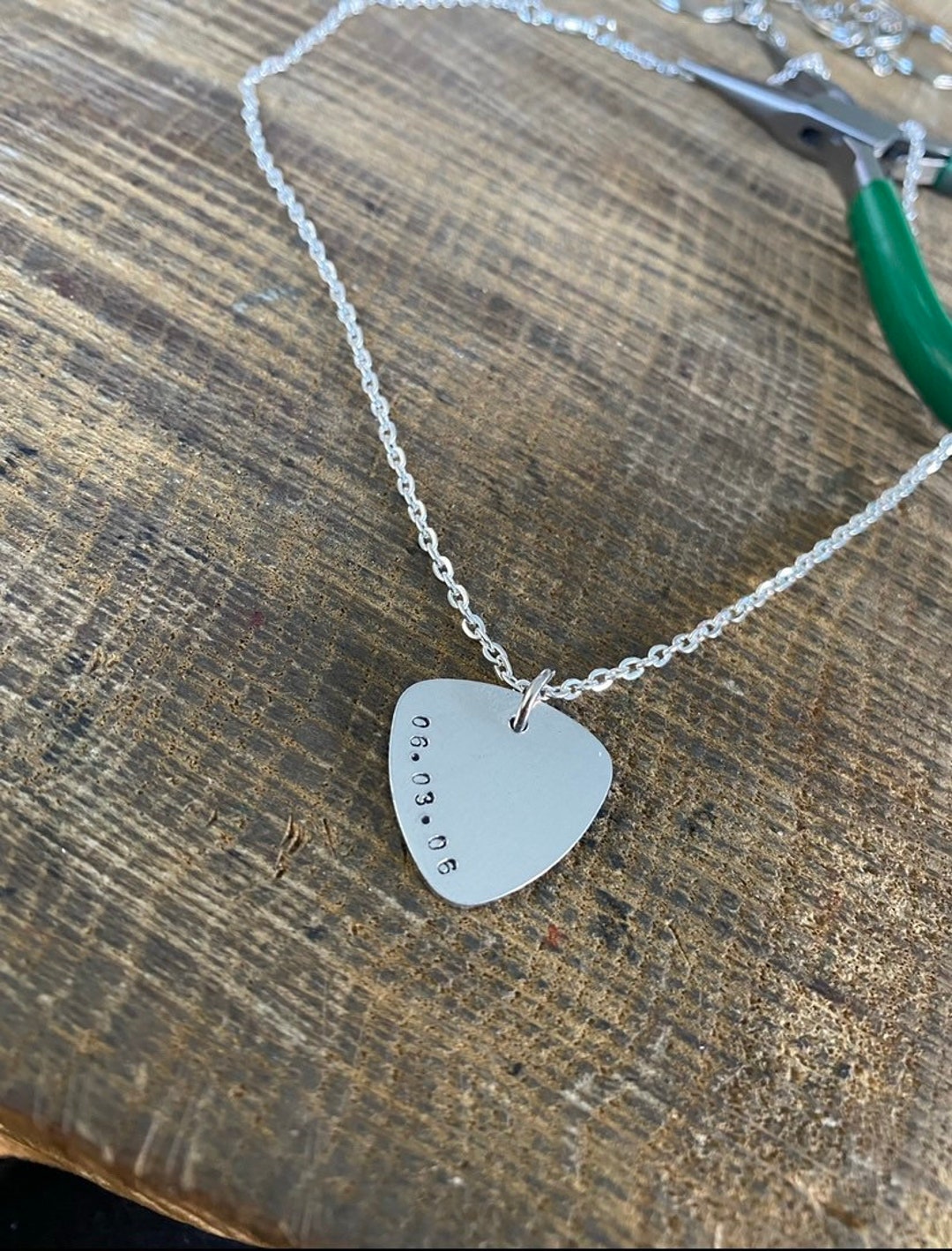 Hand Stamped Silver Aluminium Plectrum Guitar Pick Necklace Jewellery ...
