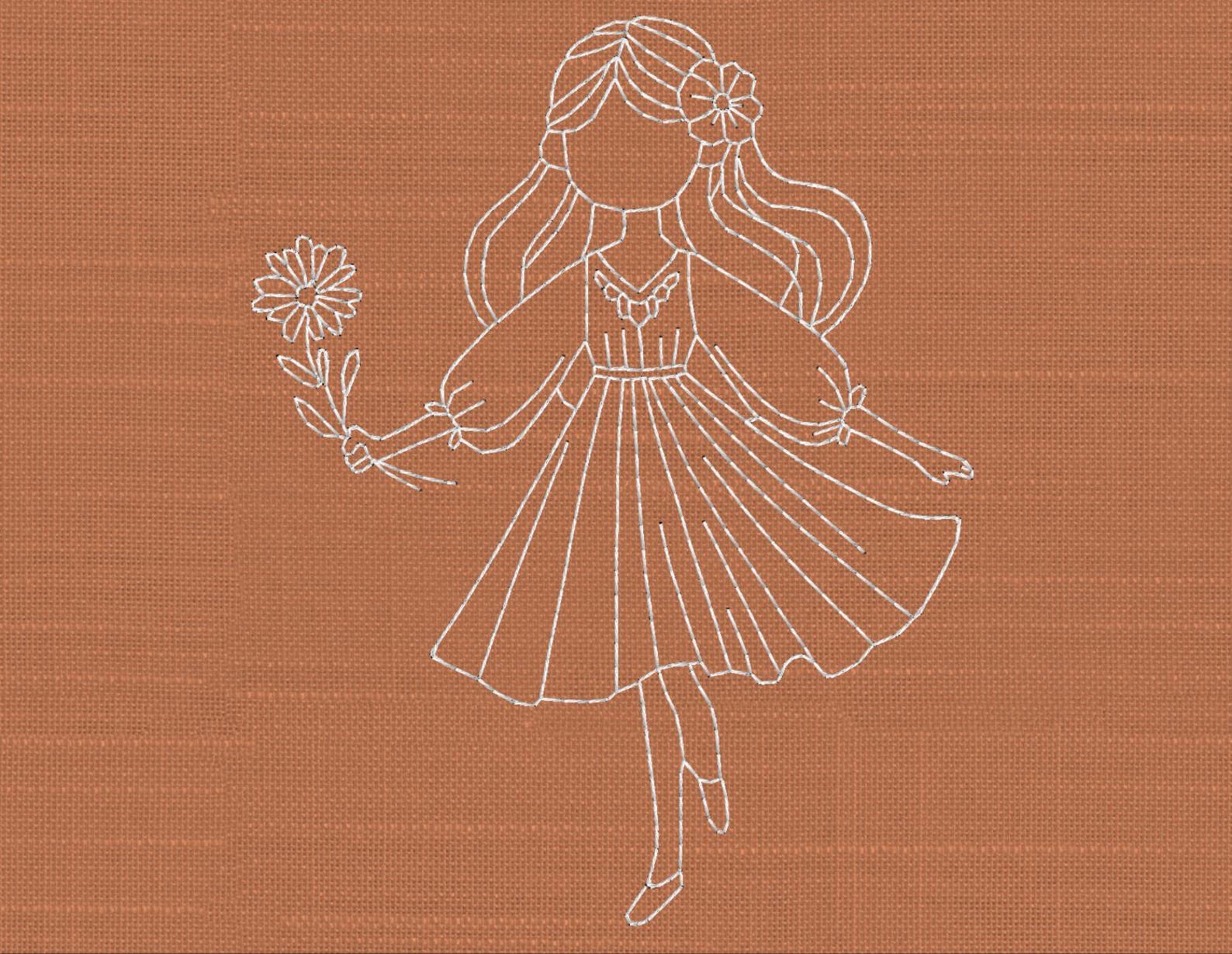 Machine Embroidery, One Color, Any Size, Line Flowers Girl Embroidery ...