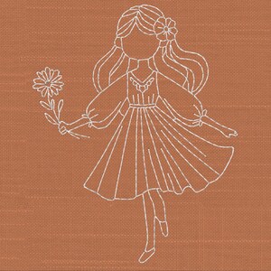 Machine Embroidery, One Color, Any Size, Line Flowers Girl Embroidery ...
