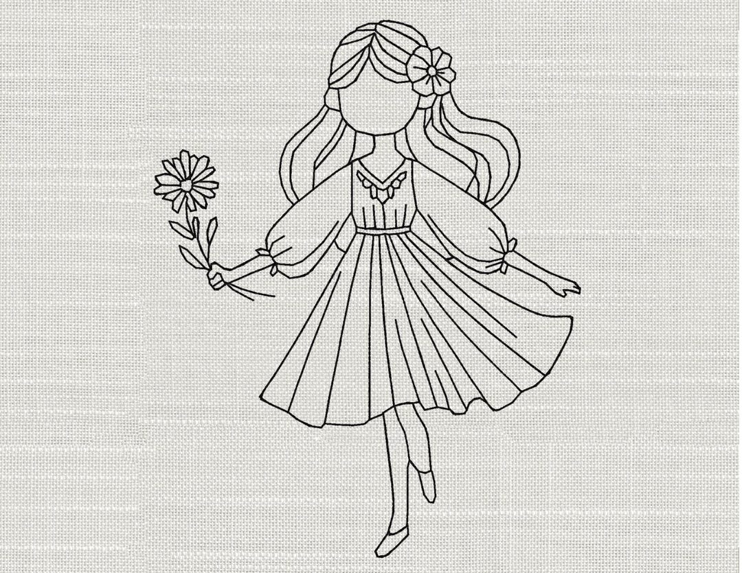 Machine Embroidery, One Color, Any Size, Line Flowers Girl Embroidery ...