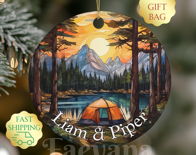 Camping Lake Forest Ceramic Ornament, Watercolor Mosaic Style Original ...