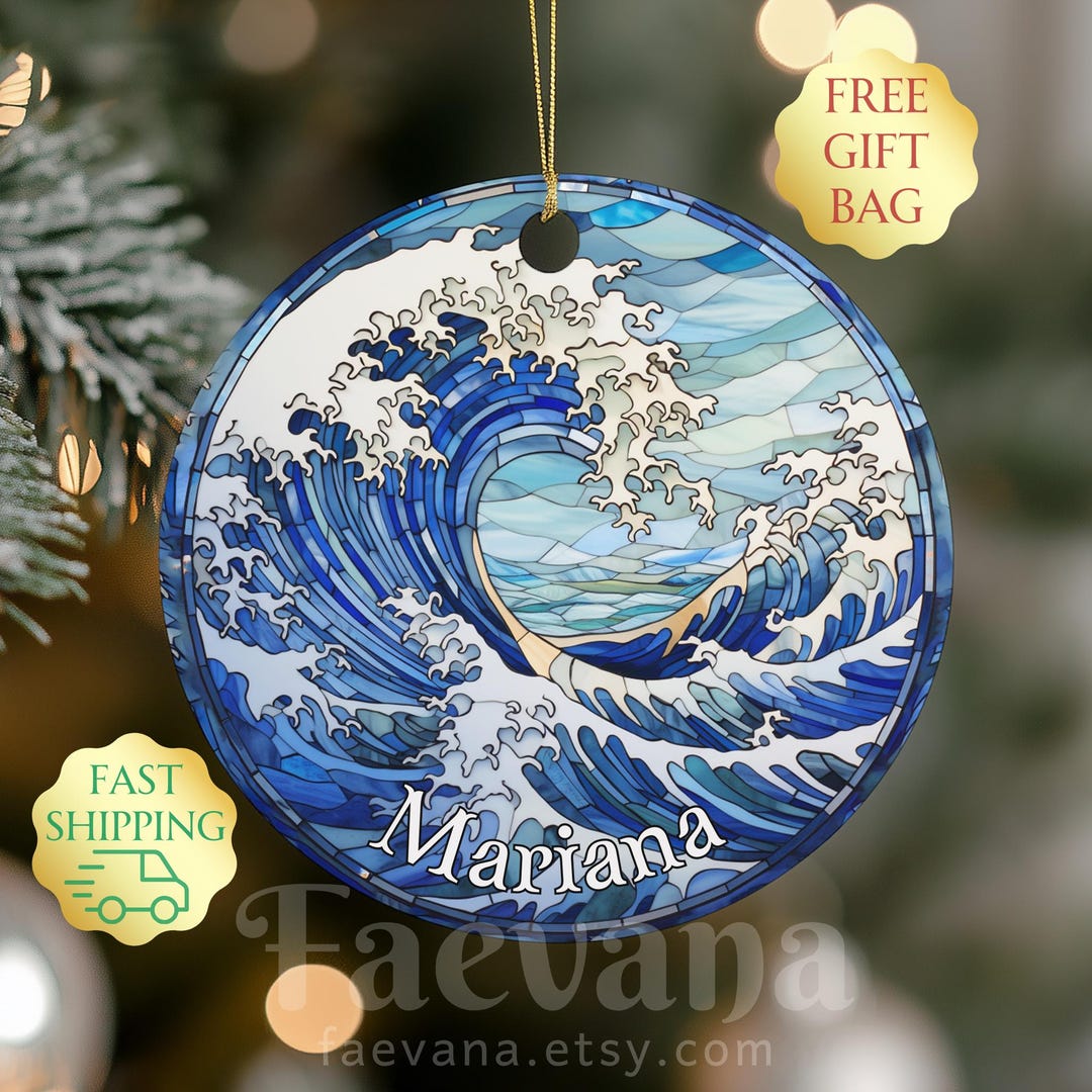 Great Ocean Wave Ceramic Ornament, Watercolor Mosaic Original Light ...