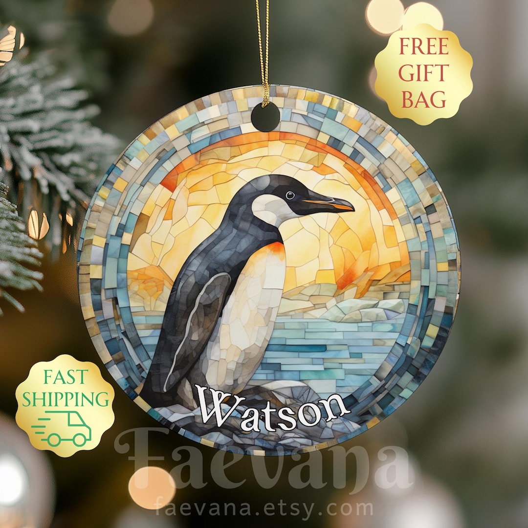 Penguin Ceramic Ornament, Original Watercolor Mosaic Art Infused Onto ...