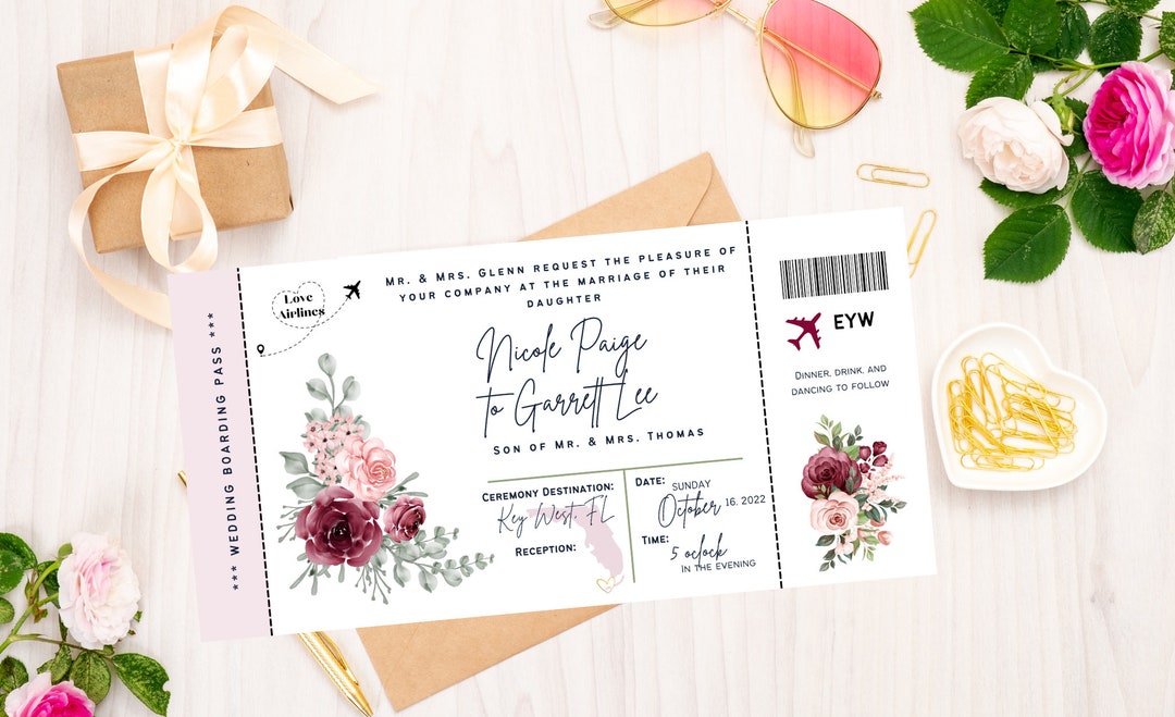 Boarding Pass Wedding Invitation Template Destination Wedding Invite Customizable Through