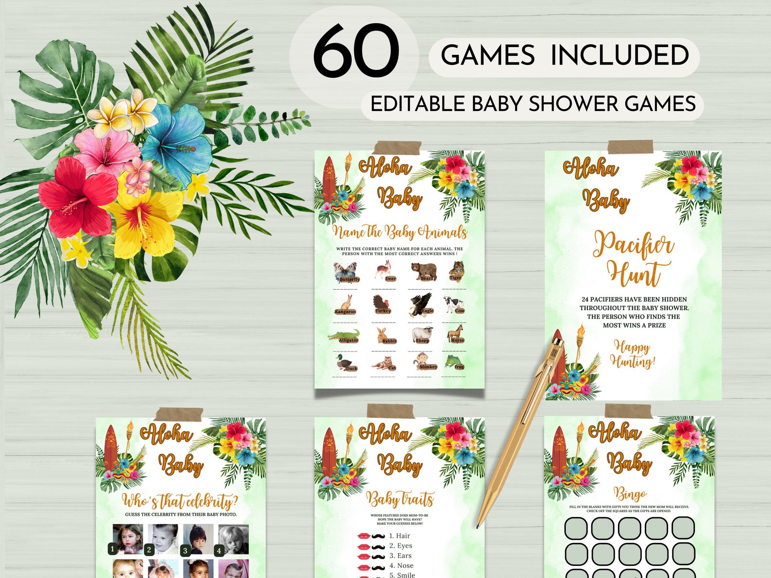Hawaiian Baby Shower Games Bundle, Printable Baby Shower Game Pack ...