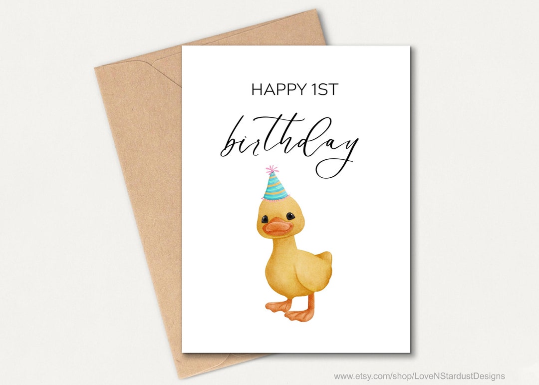 Yellow Duck Birthday Card for First Birthday, Cute Duck Card, 1st ...