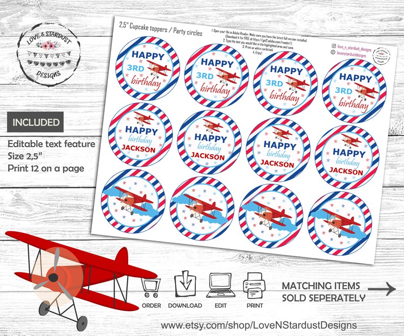 Editable Airplane Birthday Cupcake Toppers Airplane Birthday Boy ...
