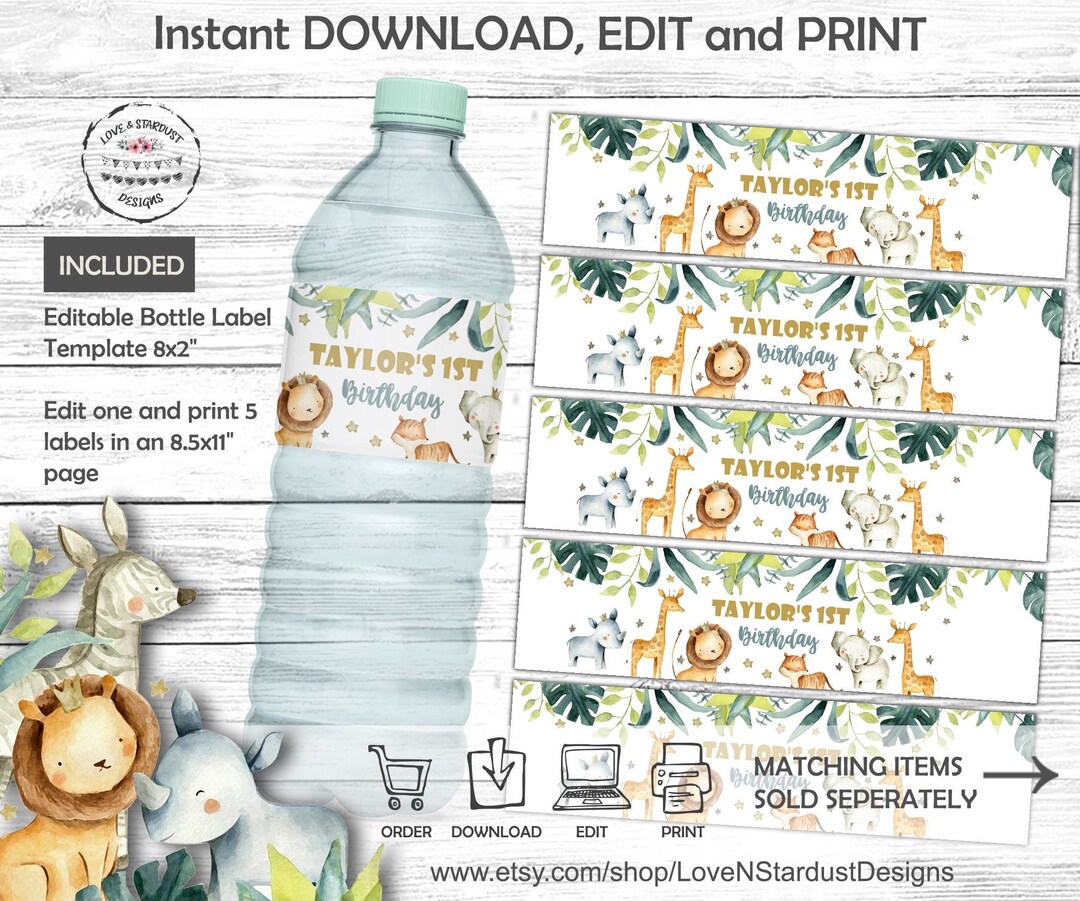 Editable Jungle Party Water Bottle Labels, Safari Animals Birthday ...