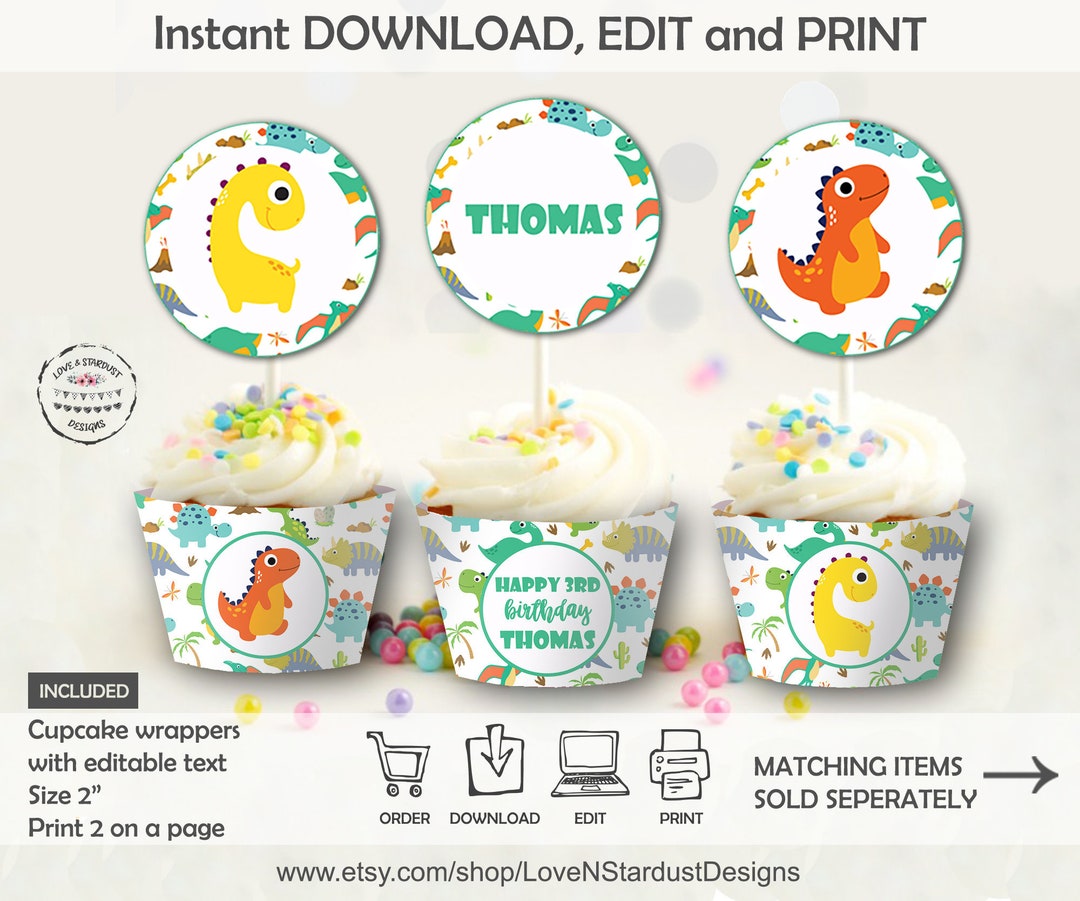 Dinosaur Cupcake Wrapper Birthday Green Dinosaur Cupcake - Etsy