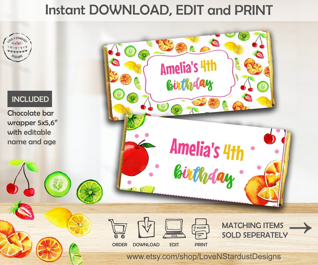 Fruit Chocolate Bar Wrapper Digital, Summer Birthday Party, Tropical ...