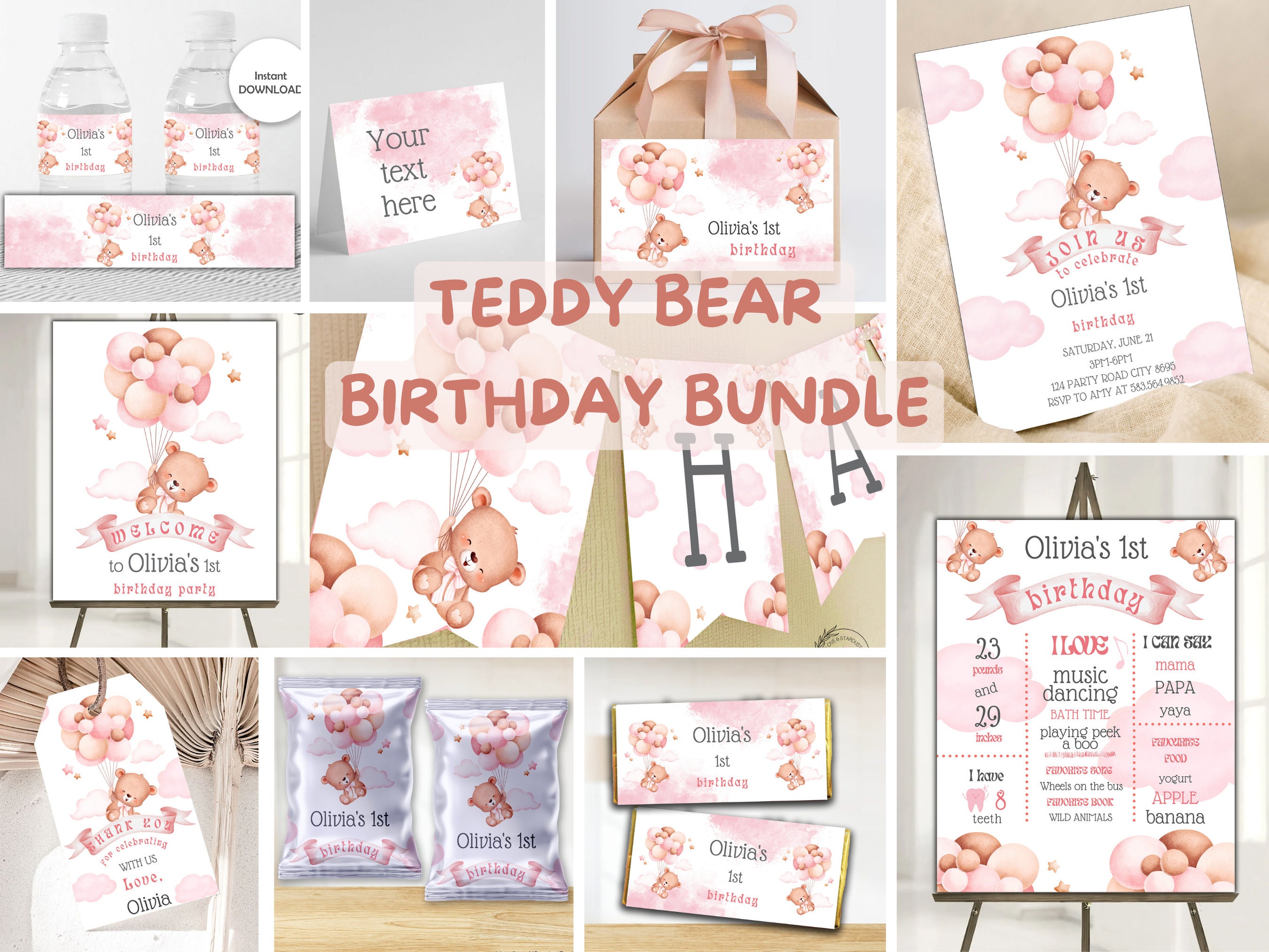 Teddy Bear Birthday Banner, Teddy Bear Printable Party Decoration, Girl ...