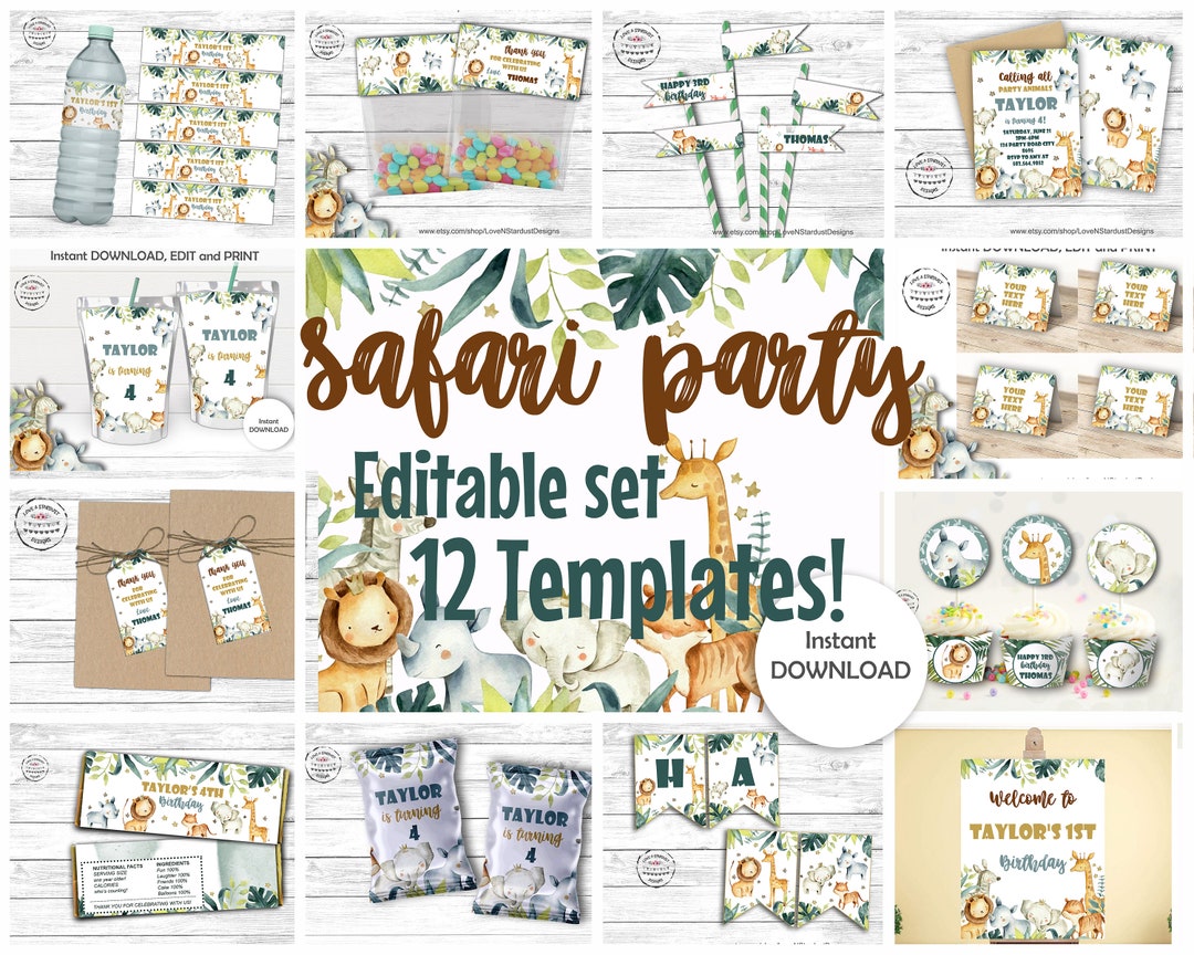 Jungle Animals Party Bundle, Editable Safari Animals Birthday Pack ...