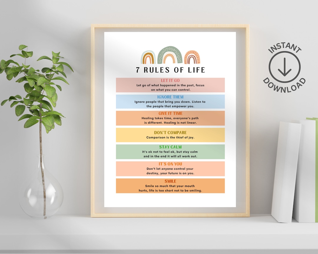7 Rules of Life Poster, Therapy Office Decor, Happy Affirmations Print ...
