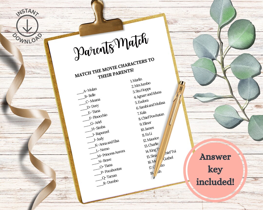 Parent Match, Characters Quiz, Modern Elegant Printable Baby Shower ...