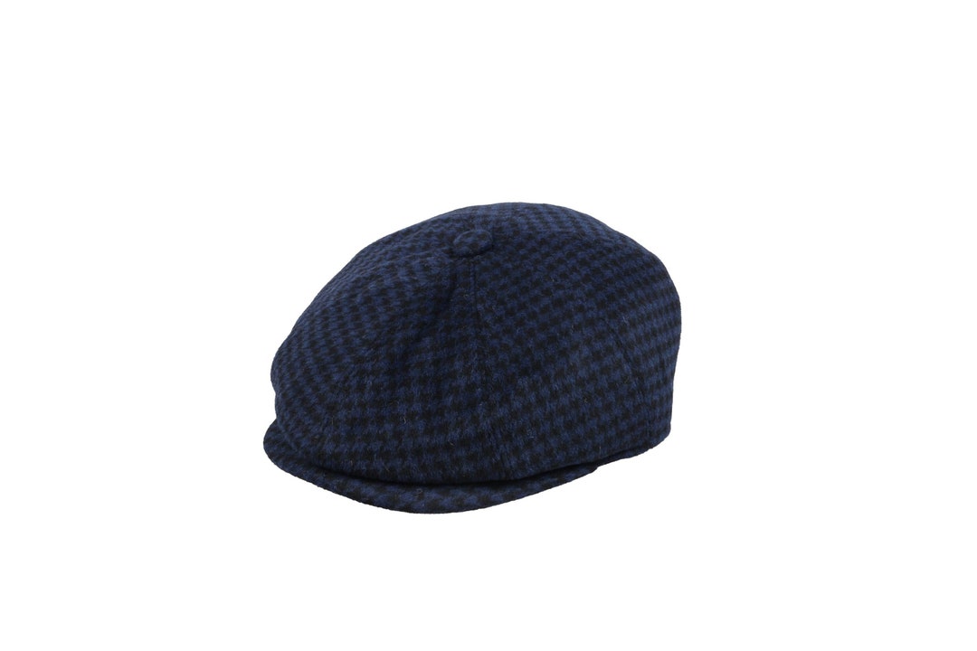 Dark Blue Houndstooth Wool 8 Panels Cap, Tweed Peaky Blinders Hat ...