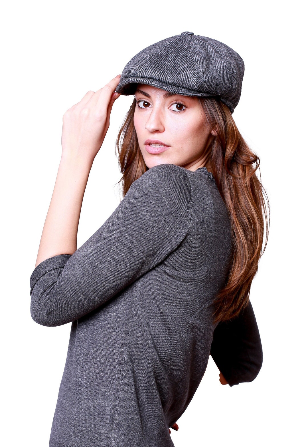 Dark Gray Herringbone Wool 8 Panels Cap, Peaky Blinders Hat, Baker Boy ...