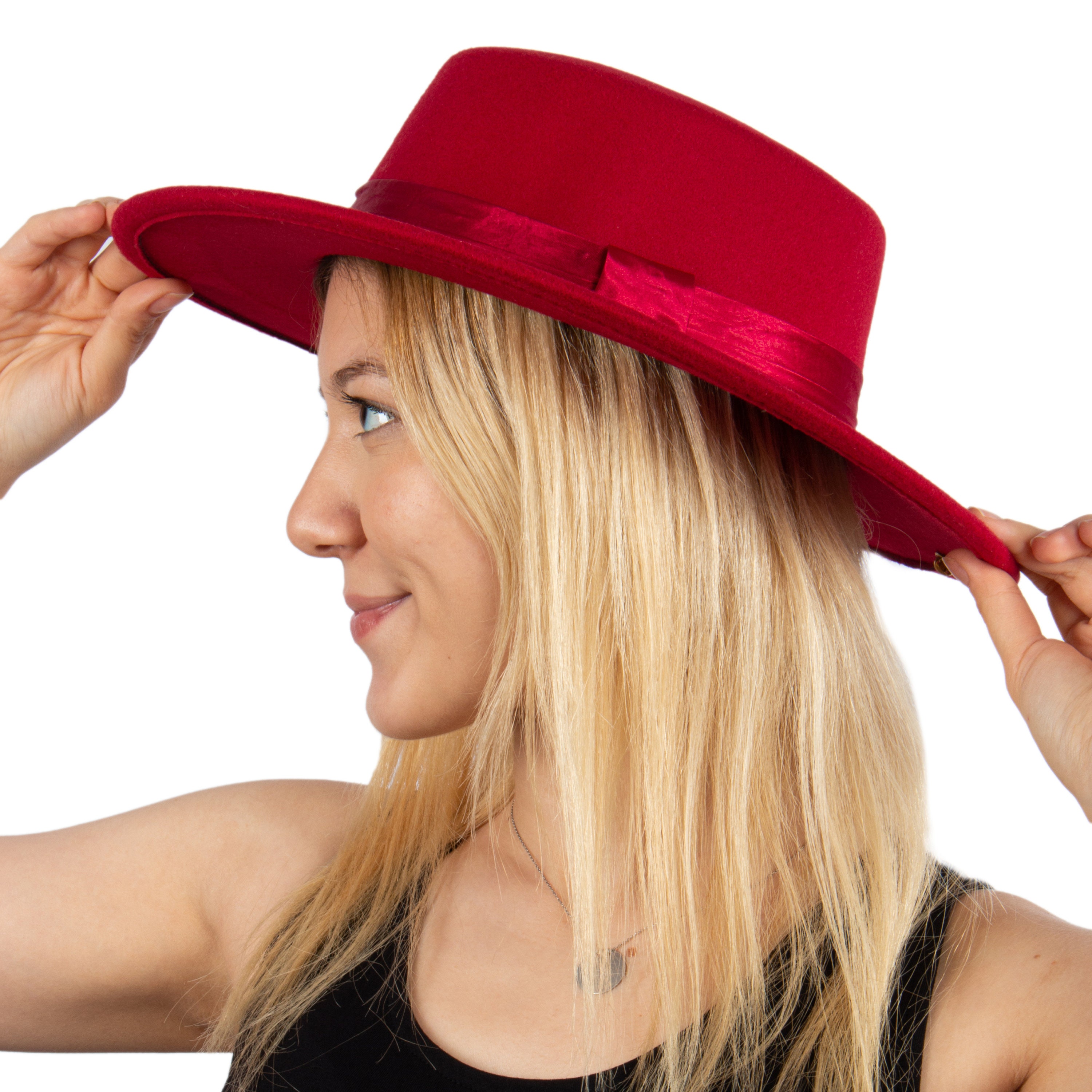 Red Women Boater Hat, Vegan Felt Stiff Brim Fedora Hat, Hatsquare ...