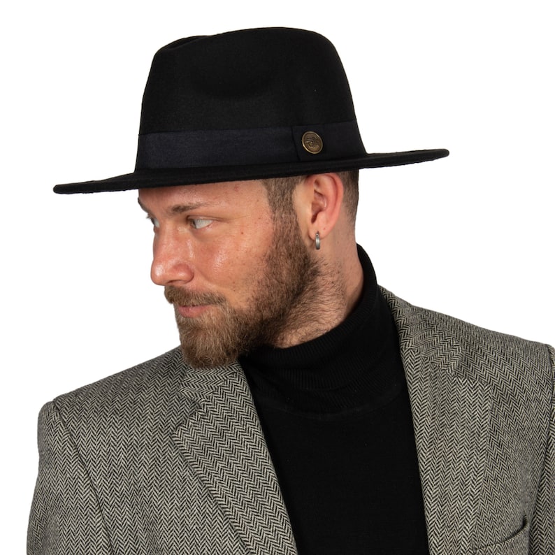 Black Fedora Hat Vegan Felt Stiff Brim Hat Men Winter Hat - Etsy