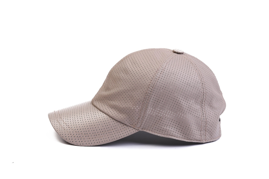 Beige Perforated Leather Ultra Light Baseball Cap, Hatsquare Leather ...