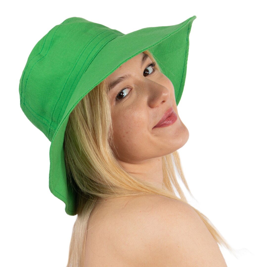 Green Linen Wide Brim Bucket Hat, Bright Color Summer Bucket Hat ...