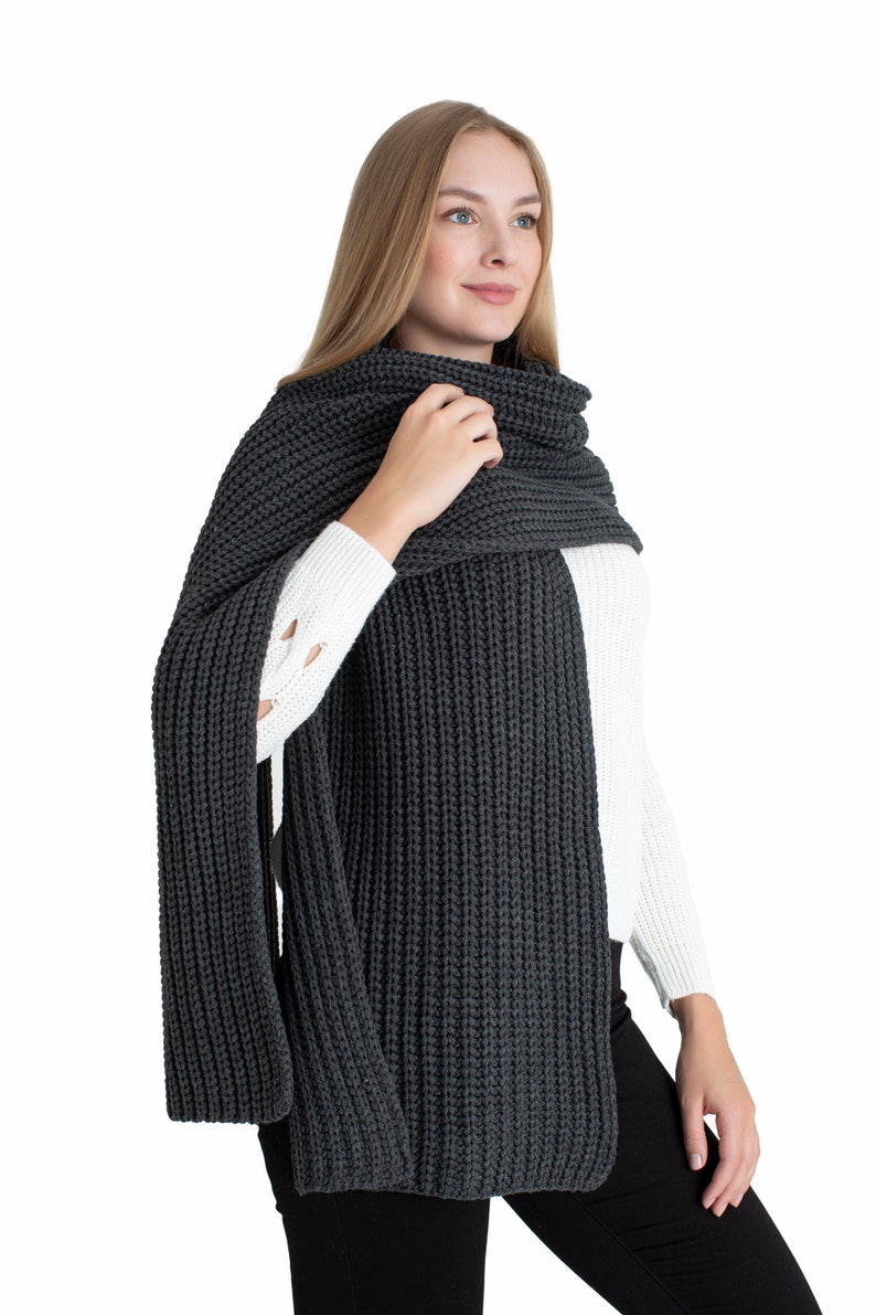 Dark Gray Oversize Extra Long Chunky Scarf, Unisex Winter Hand Knitted ...
