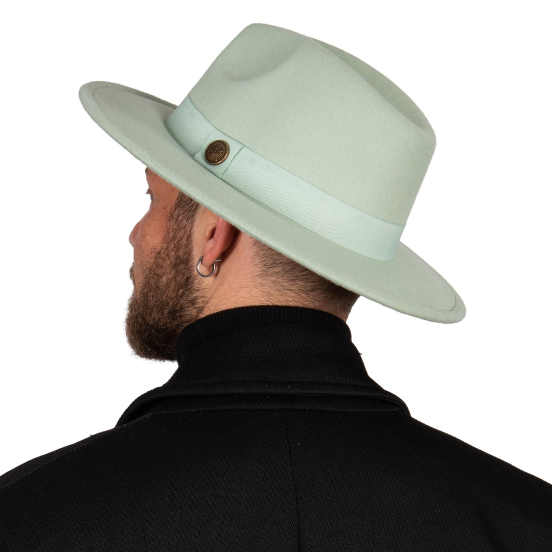 Water Green Fedora Hat, Vegan Felt Stiff Brim Hat, Men Winter Hat ...