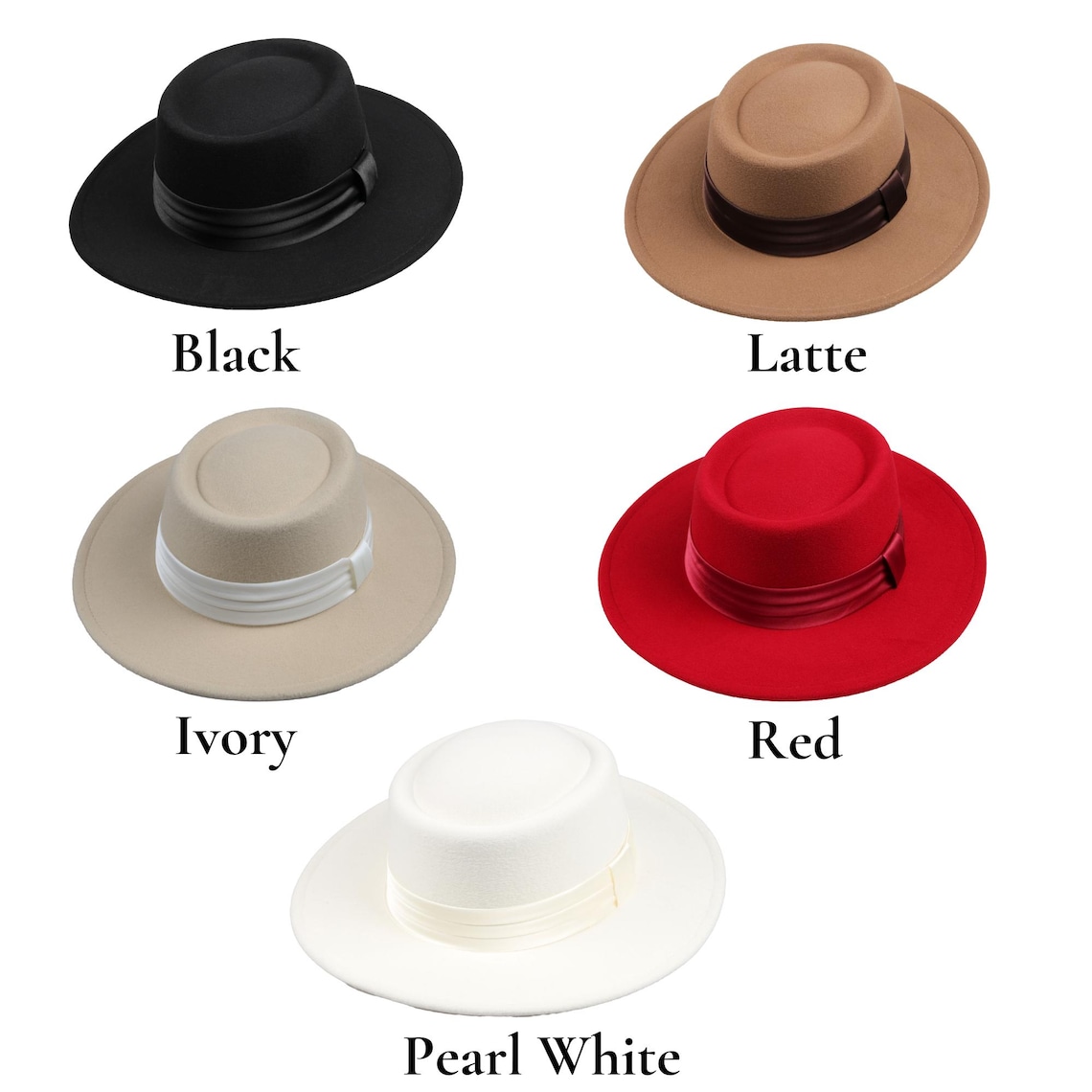 Pearl White Women Boater Hat, Vegan Felt Stiff Brim Fedora Hat ...