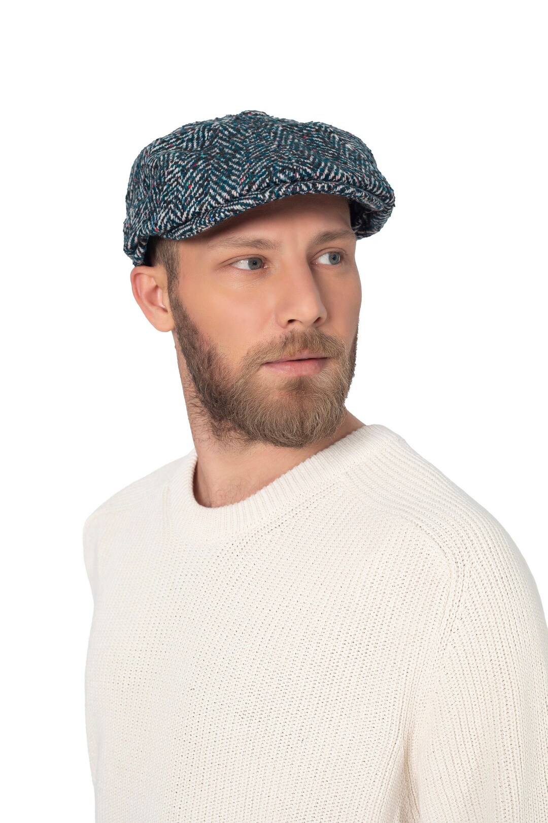 Teal Tweed Wool 8 Panels One Size Cap, Peaky Blinders Hat, Baker Boy ...