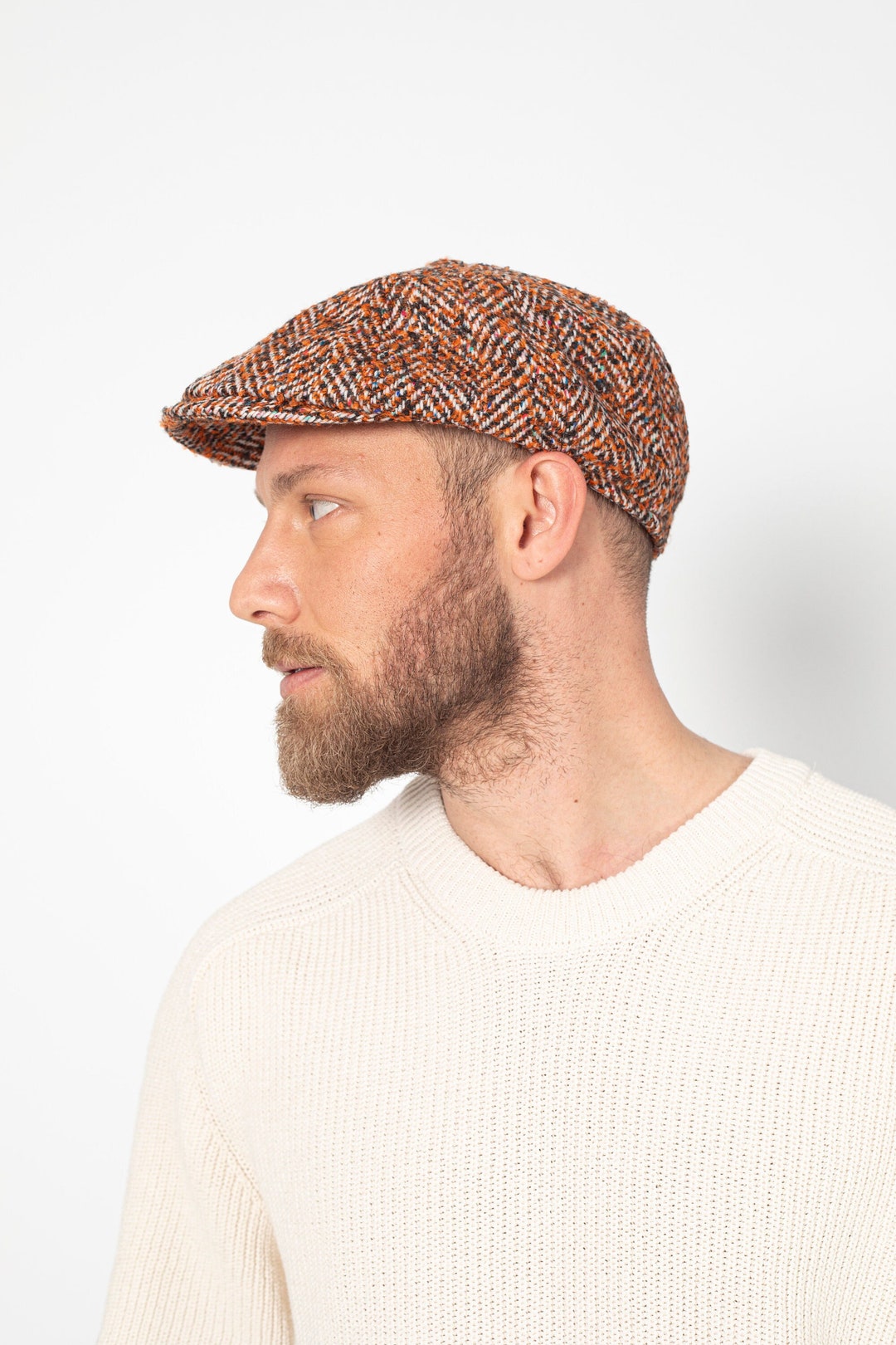 Orange Tweed Wool 8 Panels One Size Cap, Peaky Blinders Hat, Baker Boy ...