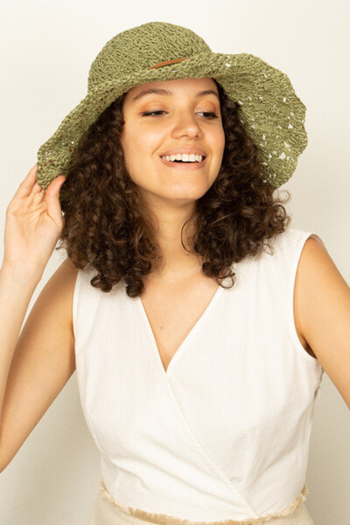 Sage Green Summer Lace Style Wide Brim Straw Hat, Holiday Hat, Women ...
