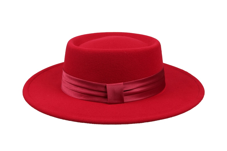 Red Women Boater Hat, Vegan Felt Stiff Brim Fedora Hat, Hatsquare ...