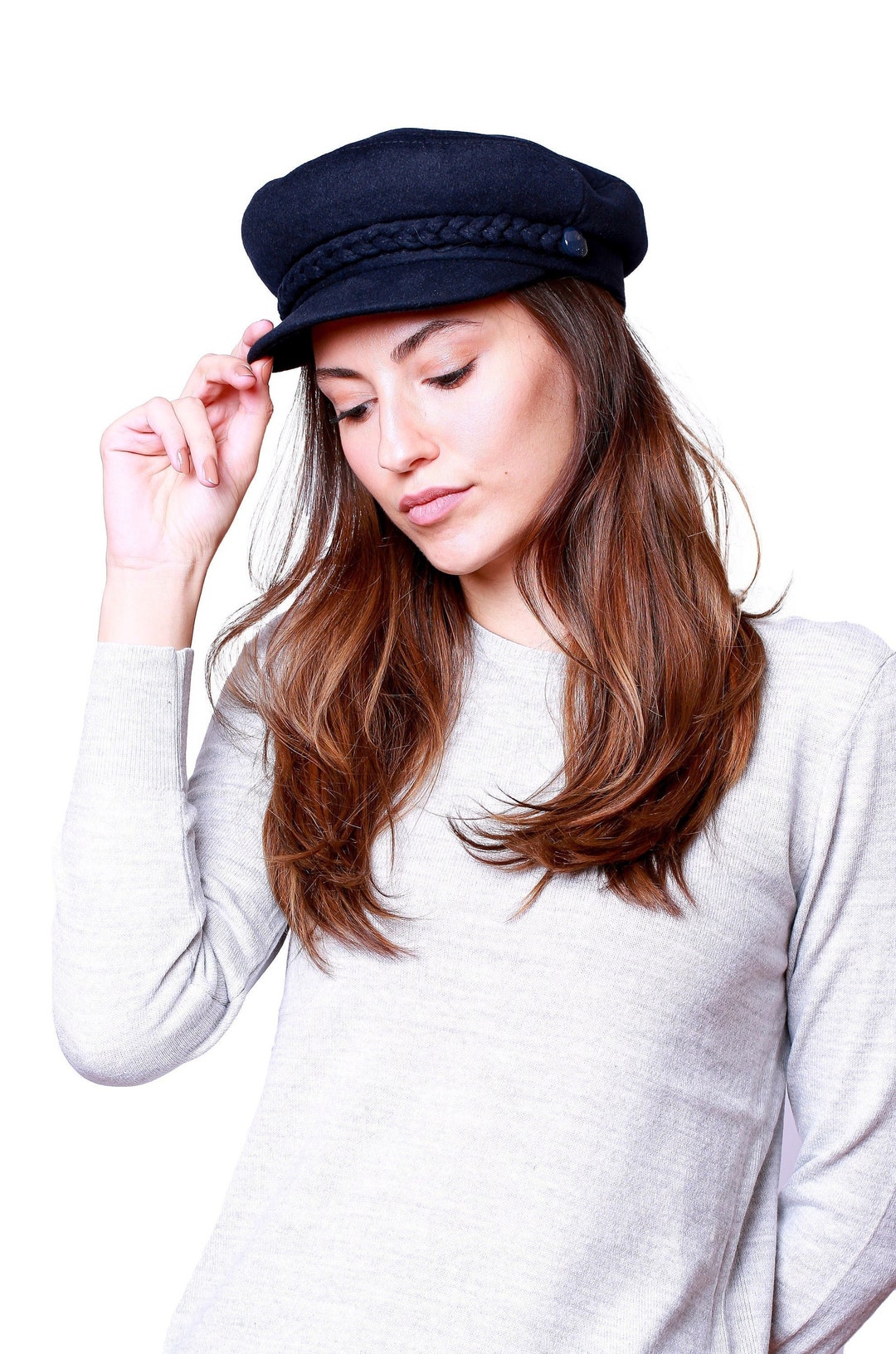 Dark Blue Women Wool Fiddler Hat, Women Newsboy Cap, Military Cabbie ...