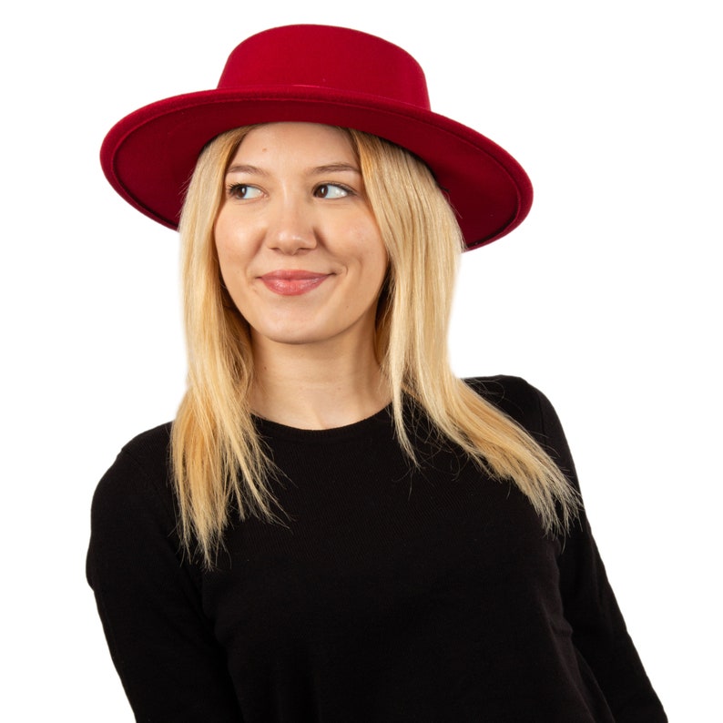 Red Women Boater Hat, Vegan Felt Stiff Brim Fedora Hat, Hatsquare ...