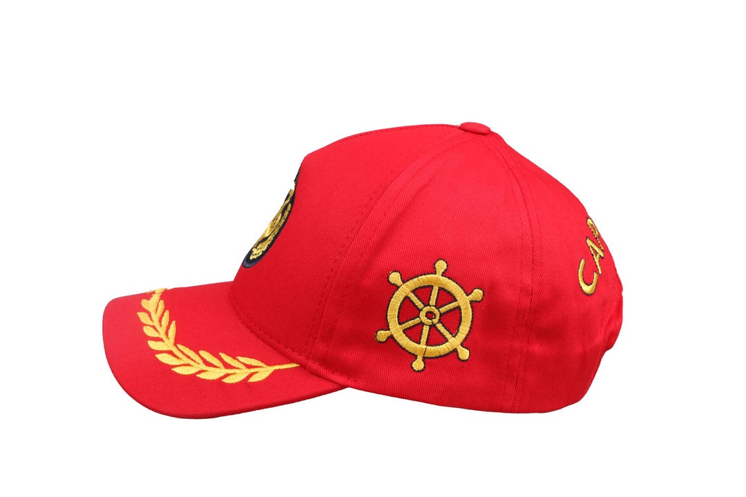 Red Cotton Captain Baseball Hat, Anchor Embroidered Skipper Boat Cap ...