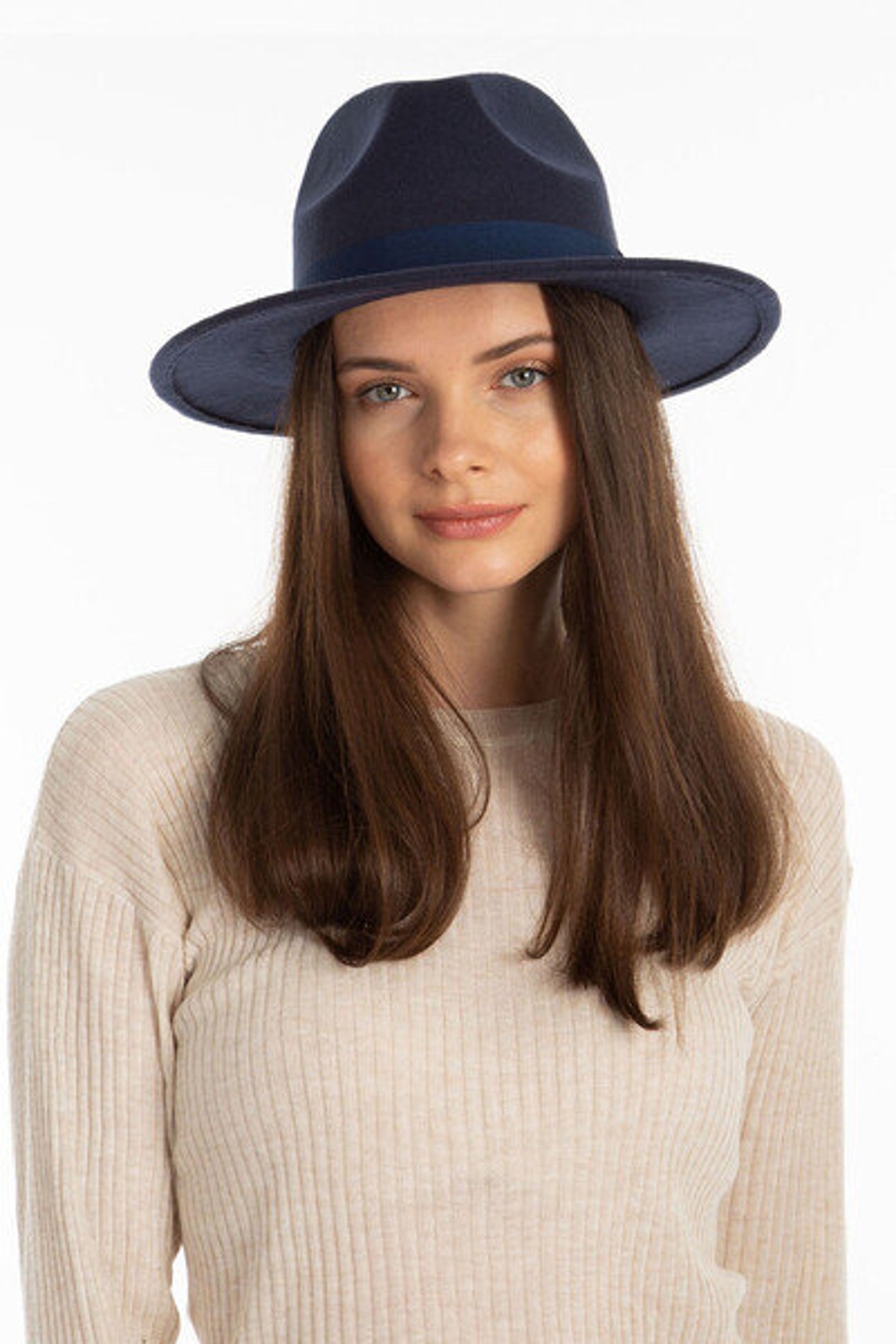 Dark Blue Fedora Hat, Vegan Felt Stiff Brim Hat, Women Winter Hat ...