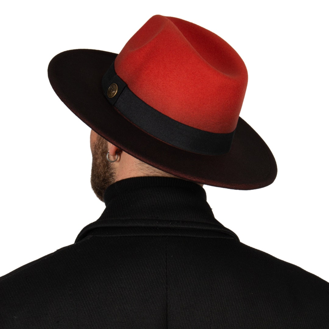 Orange Ombre Fedora Hat, Vegan Felt Stiff Brim Hat, Men Winter Hat ...
