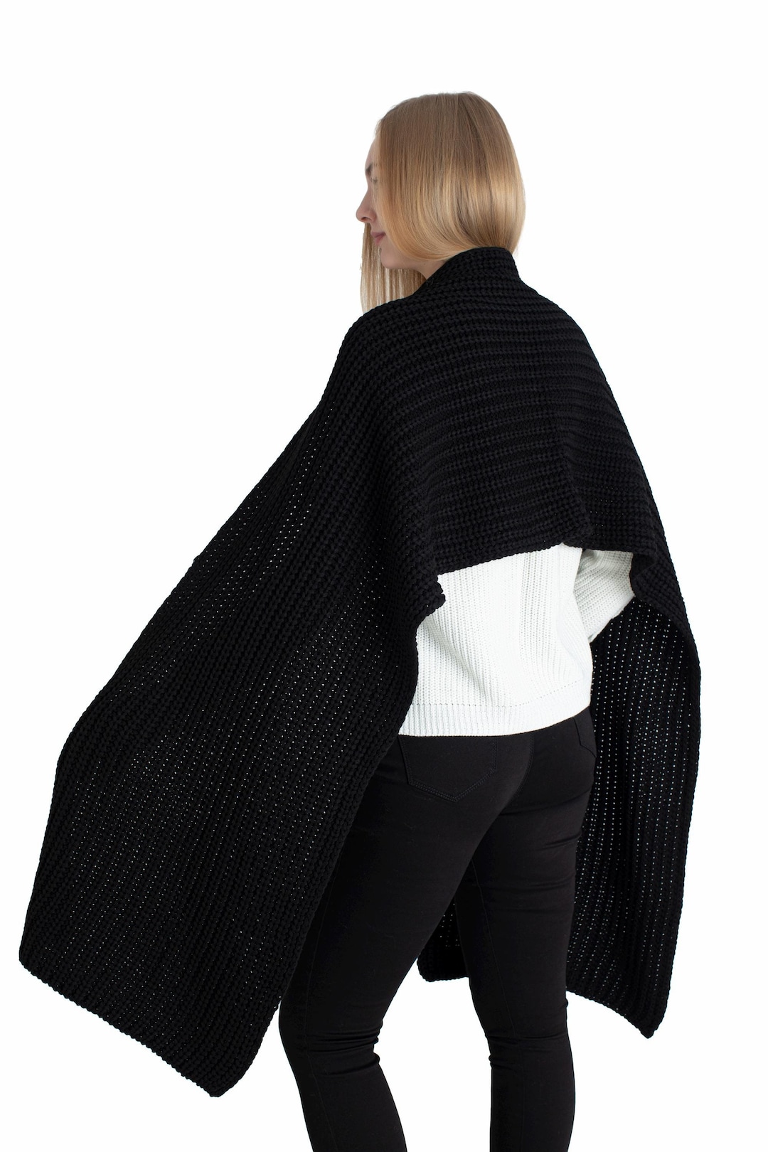 Black Oversize Extra Long Chunky Scarf, Unisex Winter Hand Knitted ...