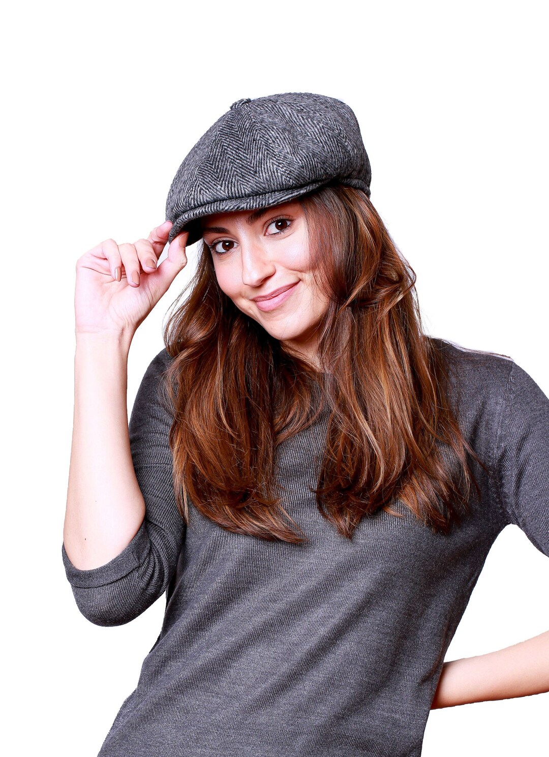 Dark Gray Herringbone Wool 8 Panels Cap, Peaky Blinders Hat, Baker Boy ...