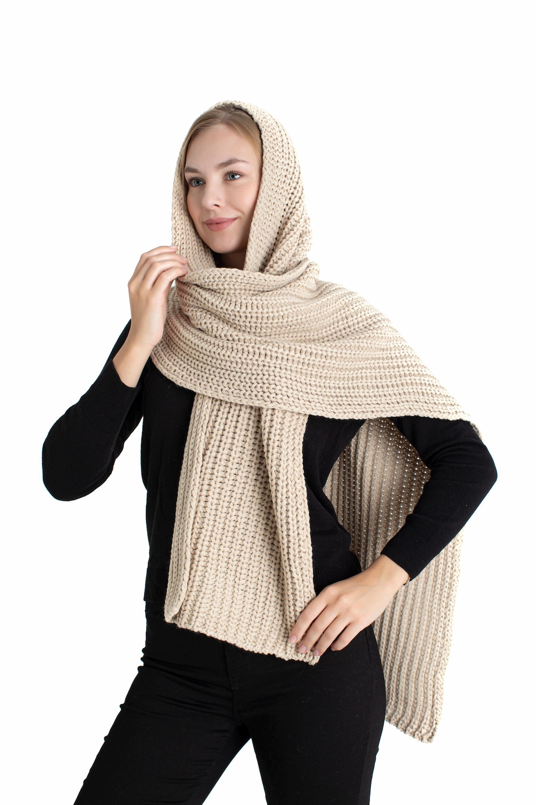 Beige Oversize Extra Long Chunky Scarf, Unisex Winter Hand Knitted ...