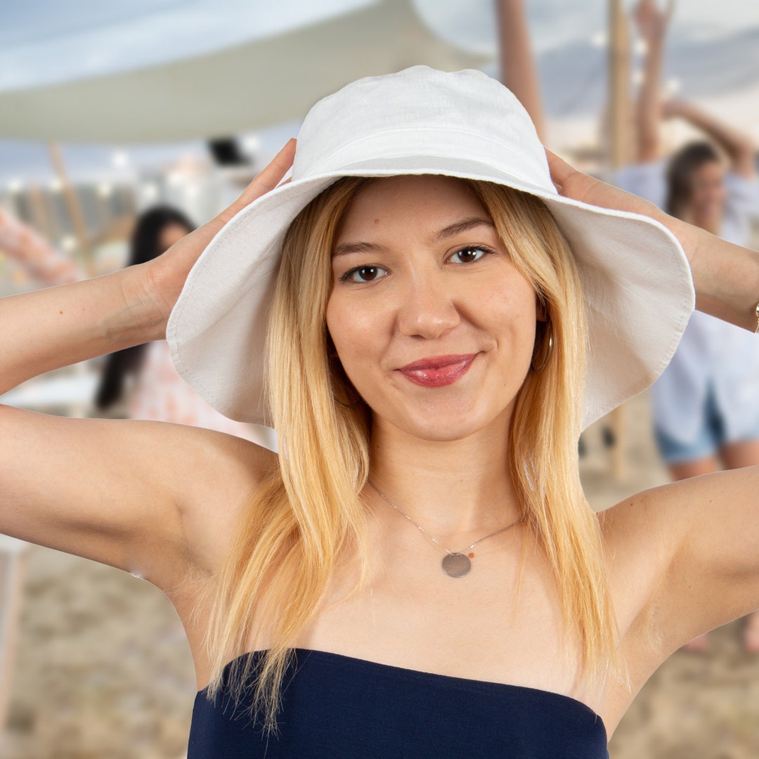 White Linen Wide Brim Bucket Hat, Bright Color Summer Bucket Hat ...