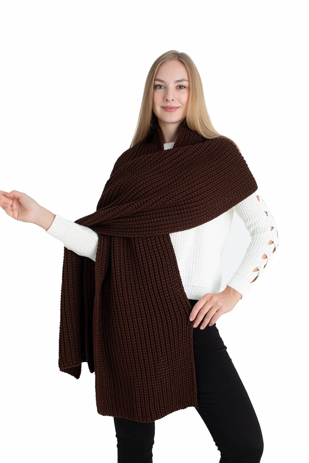 Dark Brown Oversize Extra Long Chunky Scarf, Unisex Winter Hand Knitted ...