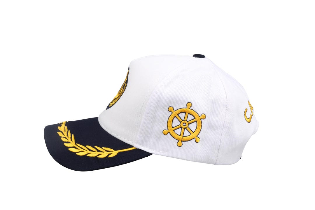 White Cotton Captain Baseball Hat, Anchor Embroidered Skipper Boat Cap ...