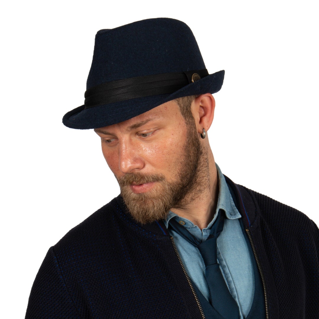 Dark Blue Fedora Polar Fleece Hat, Men Winter Hat, Stiff Fedora Hat ...