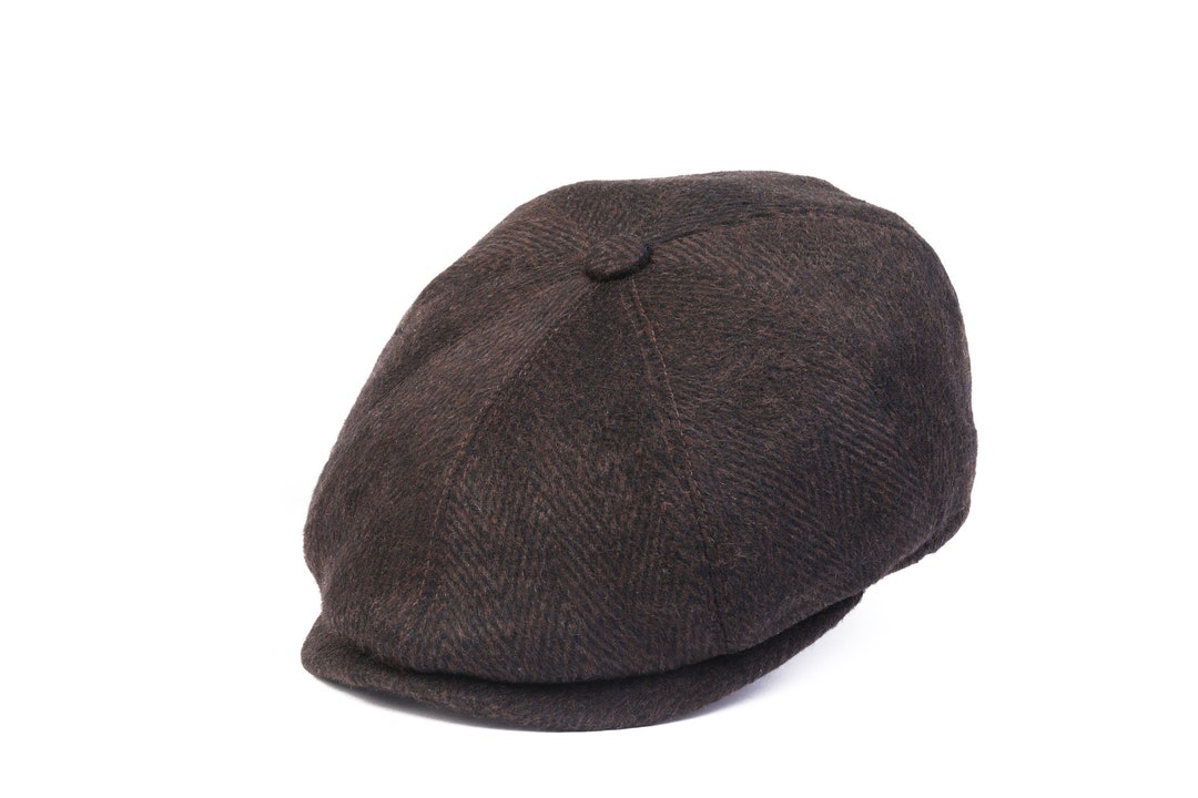 Dark Brown Herringbone Wool 8 Panels Cap, Peaky Blinders Hat, Baker Boy ...