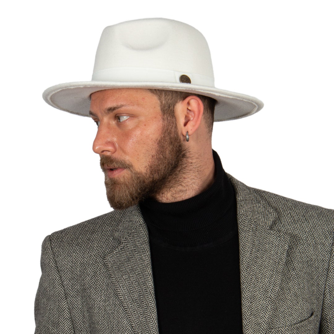 White Fedora Hat, Vegan Felt Stiff Brim Hat, Men Winter Hat, Women Wide ...