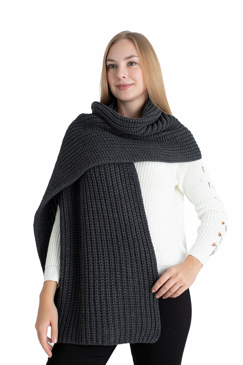 Dark Gray Oversize Extra Long Chunky Scarf, Unisex Winter Hand Knitted ...