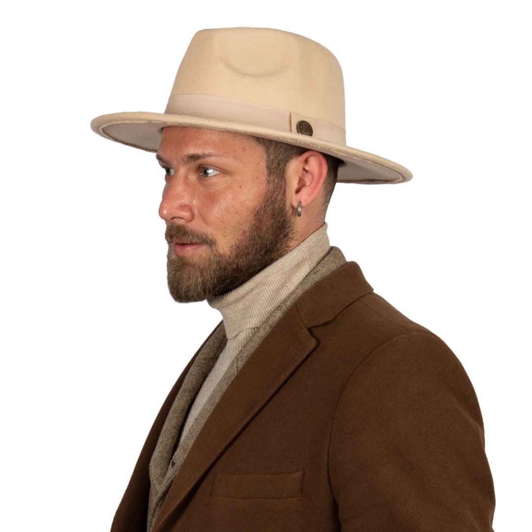 Beige Fedora Hat, Vegan Felt Stiff Brim Hat, Men Winter Hat, Women Wide ...